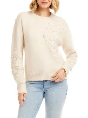 Karen Kane Hand-embroidered Crewneck Sweater - Light Oatmeal