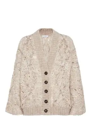 Brunello Cucinelli Mohair-Wool-Blend Embroidered Cardigan Beige