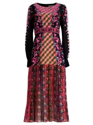 Saloni Floral Pleated Dress - Black