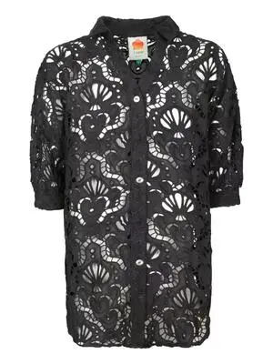 Farm Rio Openwork Button-up Top - Black