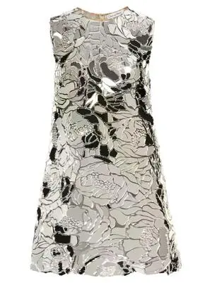 Oscar De La Renta Mirrored Floral Shift Mini Dress - Silver