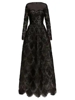 Oscar De La Renta Sequin Embroidered Gown - Black