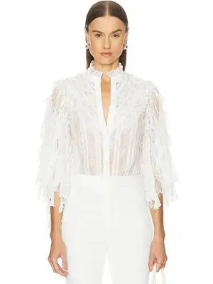 Alice + Olivia Rheba Lace Ruffle Sleeve Top - Off White