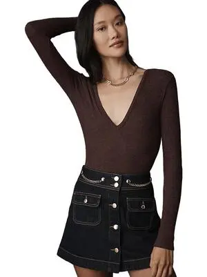 AGOLDE Darla Long-Sleeve V-Neck Bodysuit Raisin