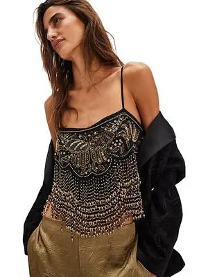Free People Night Moves Fringe Embellished Top - Black