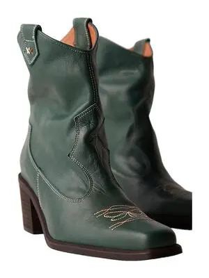 Free People Western Embroidered Ankle Boots - Teal Leather