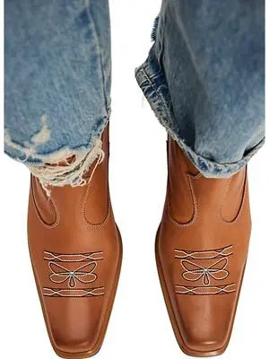 Free People Western Embroidered Ankle Boots - Toffee Leather