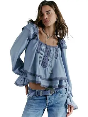 Free People Francie Silky Blouse Zen Blue