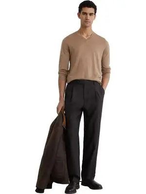 REISS Earl Merino Wool V-neck Jumper - Camel Brown