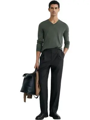 REISS Earl Merino Wool V-neck Jumper - Kale Green