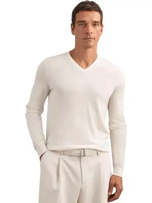 REISS Earl Merino Wool V-neck Jumper - White