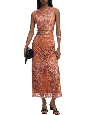 Desigual Floral Lace Overlay Midi Dress - Brown