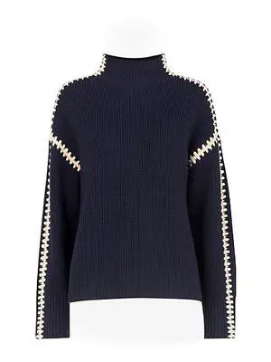 Whistles Blanket-stitch Wool-blend Jumper - Navy