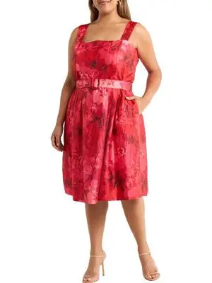 TAHARI ASL Floral Print Crinkle Belted Dress - Crimson