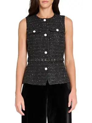 TAHARI ASL Rhinestone Bouclé Vest - Black Silver