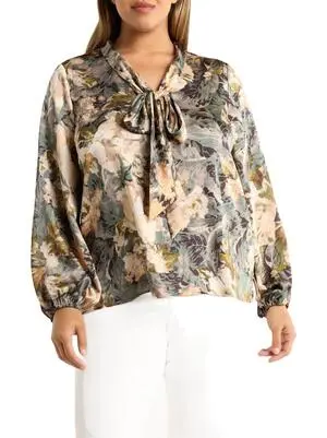 TAHARI ASL Floral Print Tie Neck Blouse - Blush Sage Multi