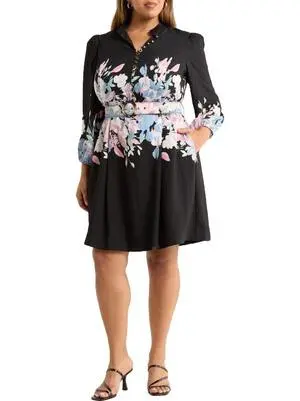 TAHARI ASL Printed Belted Long Sleeve Dress - Black Blue Pink