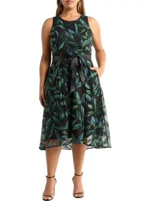 TAHARI ASL Embroidered Tie Waist Sleeveless Midi Dress - Black Jewel Teal