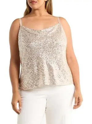 TAHARI ASL Sequin Cowl Neck Camisole - Nude Silver