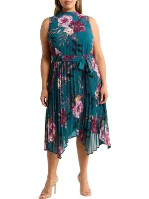 TAHARI ASL Floral Print Pleated Midi Dress - Ocean Teal