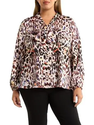 TAHARI ASL Leopard Print Bow Neck Satin Blouse - Sand Royal Leopard