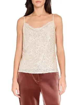 TAHARI ASL Sequin Cowl Neck Camisole - Light Beige Silver