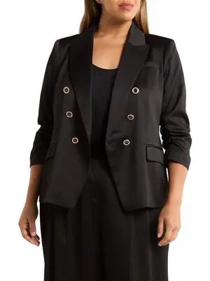 TAHARI ASL Crinkle Satin Double Breasted Jacket - Black