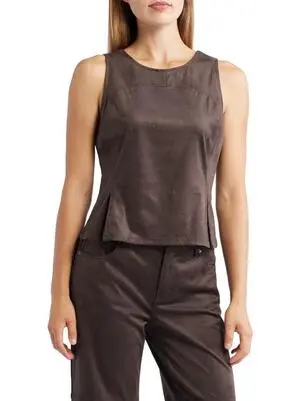 CITY BLUES Pleated Hourglass Sleeveless Faux Suede Top - Coffee