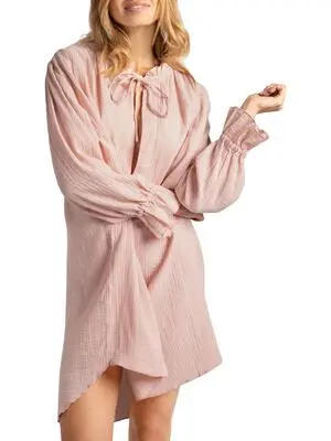 SUNDAY CITIZEN Ruffle Long Sleeve Cotton Muslin Chemise - Peach Powder