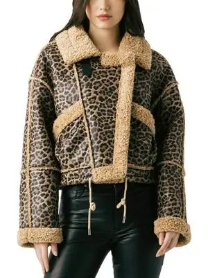 Blanknyc Bonded Leopard Print Faux Shearling Moto Jacket - In The Shadows