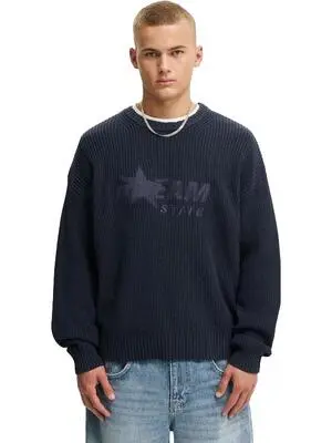 COTTON ON Box Fit Crew Knit - Navy  Emb