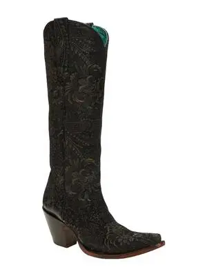 CORRAL Floral Knee High Western Boot - Black/gold