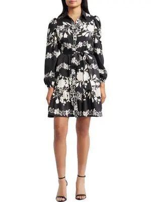 Anne Klein Floral Long Sleeve Tiered Shirtdress - Anne Black/swan White