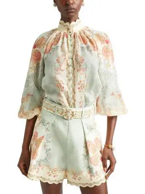 Zimmermann Daylight Floral Ramie Button-up Top - Wallpaper Floral Mint