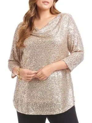 Karen Kane Sequin Drape Neck Top - Champagne