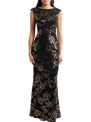 Eliza J Sequin Cap-sleeve Mermaid Gown - Black Gold