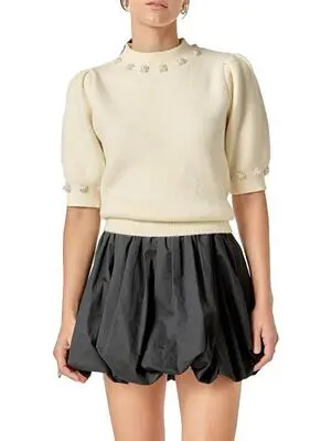 English Factory Faux Pearl Embellished Short Sleeve Sweater - White
