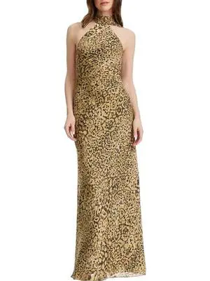 Dress The Population Leopard Print Halter Neck Gown - Leopard Multi