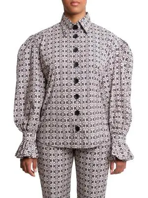 THE LULO PROJECT Sotomayor Puff Sleeve Button-up Shirt - Macrame All Over