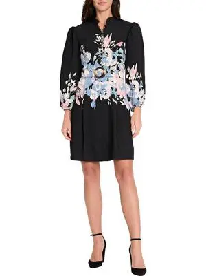 TAHARI ASL Floral Puff Shoulder Belted Dress - Black Blue Pink
