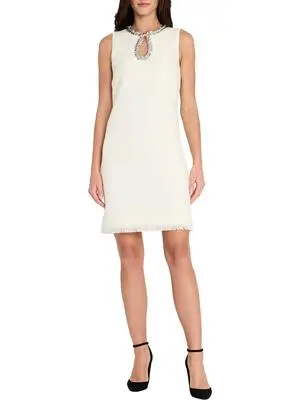 TAHARI ASL Beaded Keyhole Bouclé Dress - Vanilla