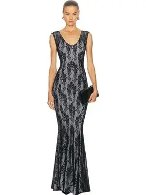 Norma Kamali Grace Fishtail Gown - Black Stretch Lace & White