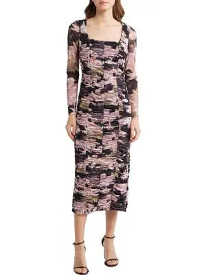 Anne Klein Floral Long Sleeve Ruched Midi Dress - Anne Black Multi