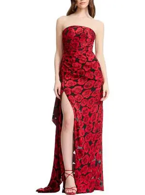 Dress The Population Lulu Floral Strapless Gown - Rouge Multi