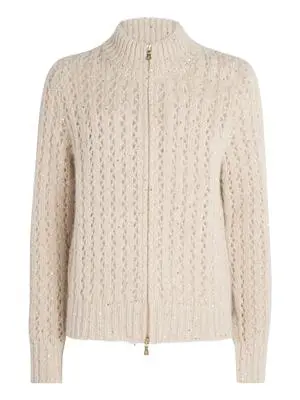Eleventy Wool-blend Sequin Zip-up Cardigan - Beige