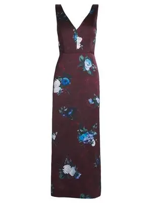 Erdem Satin Floral Cocktail Midi Dress - Burgundy