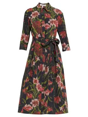 RICKIE FREEMAN FOR TERI JON Taffeta Faille Floral-Print Midi Shirtdress