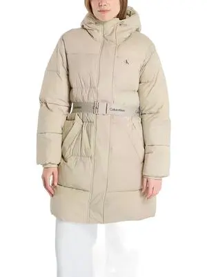Calvin Klein Belted Hooded Coat - Neutrals