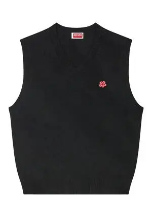 Kenzo Embroidered-flower Sleeveless Wool Vest - Black