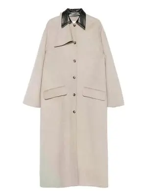Nanushka Button-front Coat With Leather Collar - Neutrals
